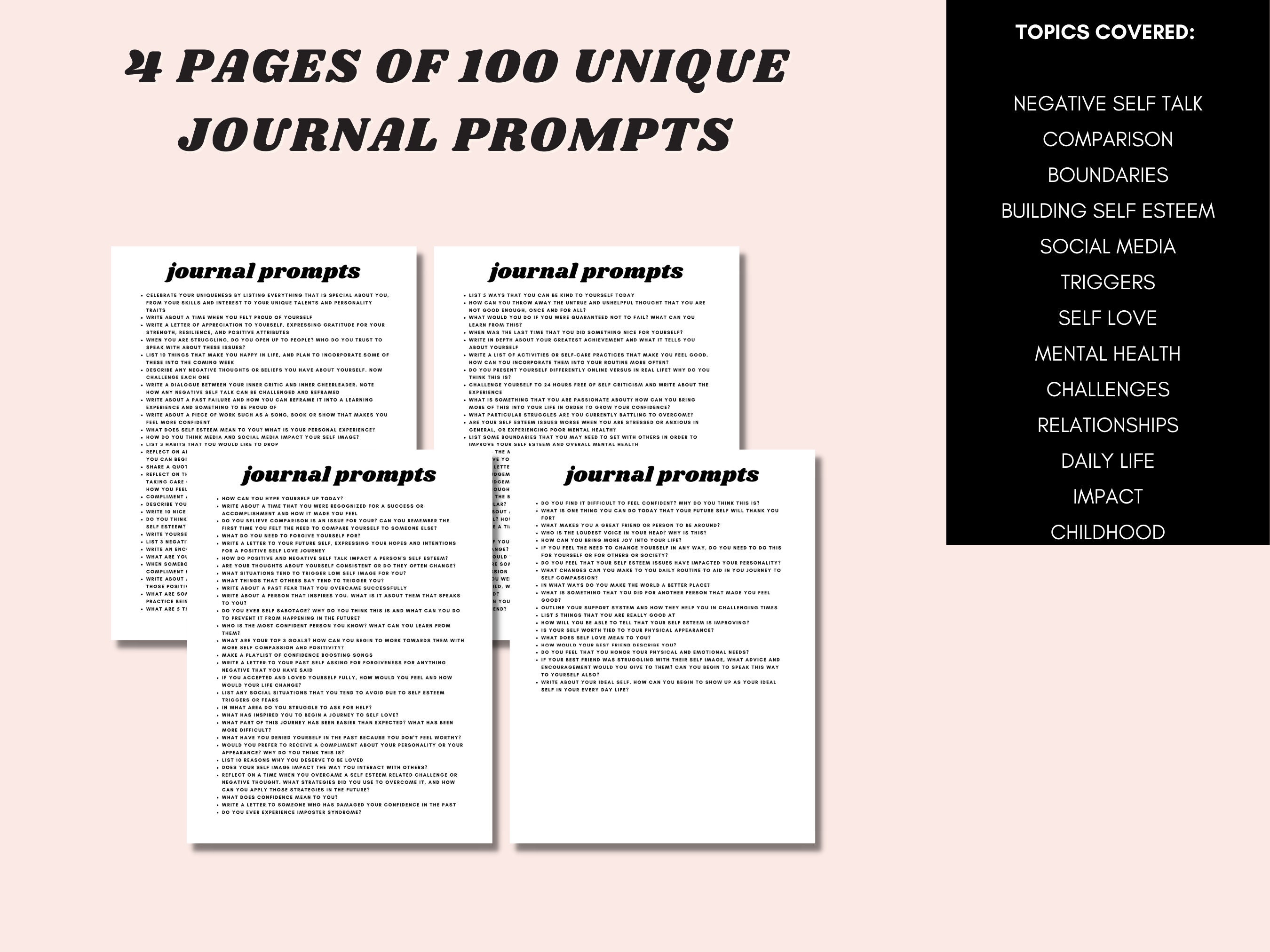 100 Journal Prompts for Self Esteem, Self Esteem Journal, Journal ...