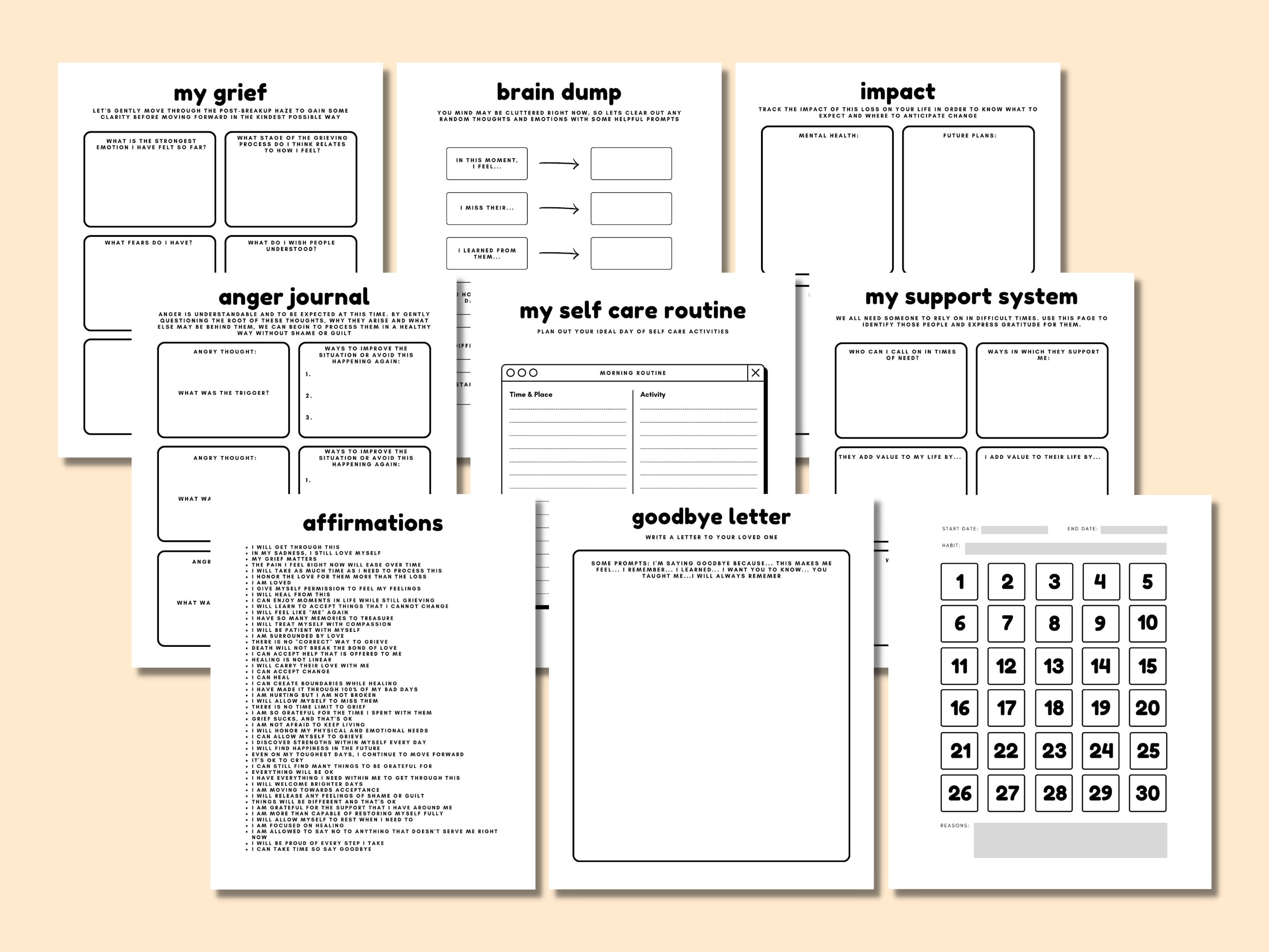 Grief Worksheets, Self Care Workbook, Grief Therapy Journal, Processing ...