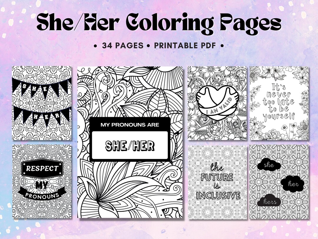 She/her Pronoun Coloring Pages, LGBTQ, Mental Health Coloring Pages ...