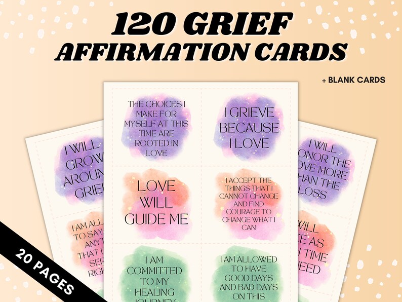 Grief Affirmation Cards, Printable, Grief and Loss, Grief Worksheets, Positive Affirmations for ...