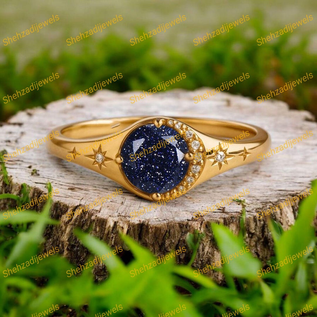 Diamond Crescent Moon Ring, Blue Sandstone Sterling Silver - Etsy