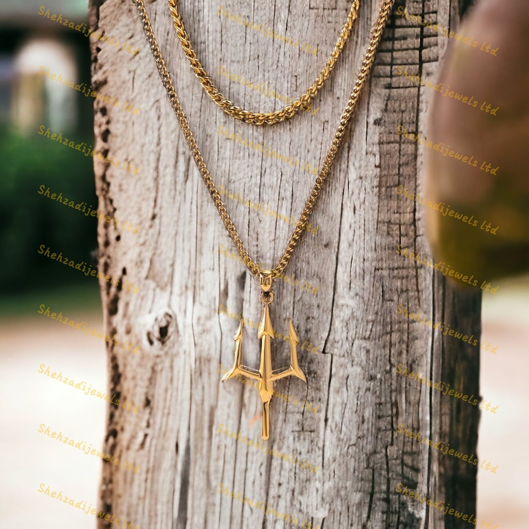 18k Gold Trident Man Pendant Chain Mens Trident Necklace Gold Man ...