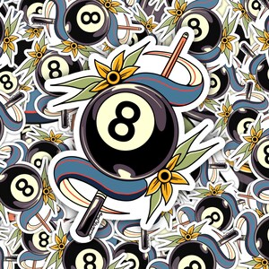 8 Ball Billiards- Vintage Art Floral Pool Cue American Traditional ...