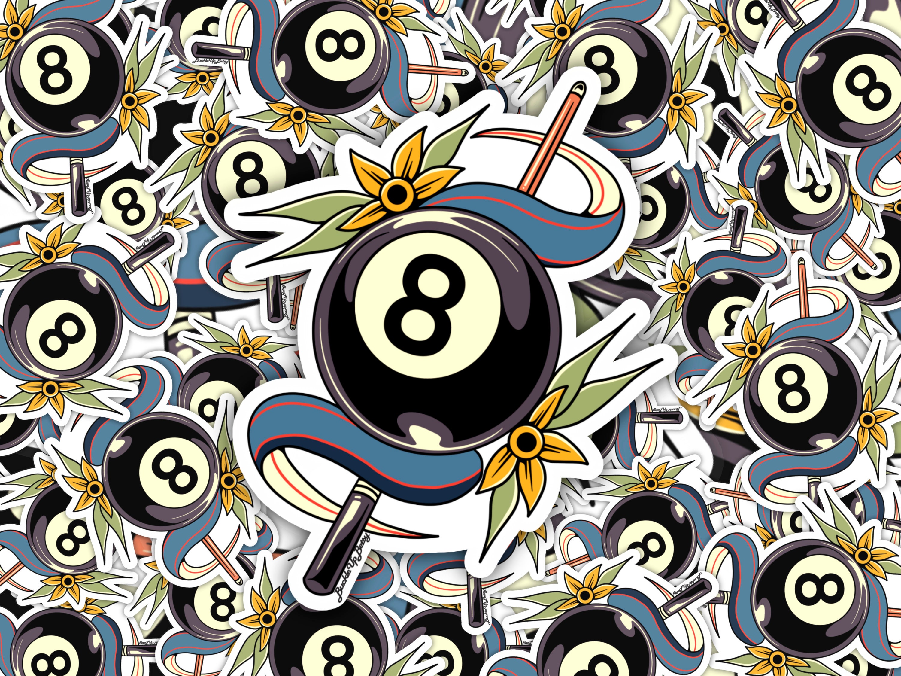 8 Ball Billiards- Vintage Art Floral Pool Cue American Traditional ...