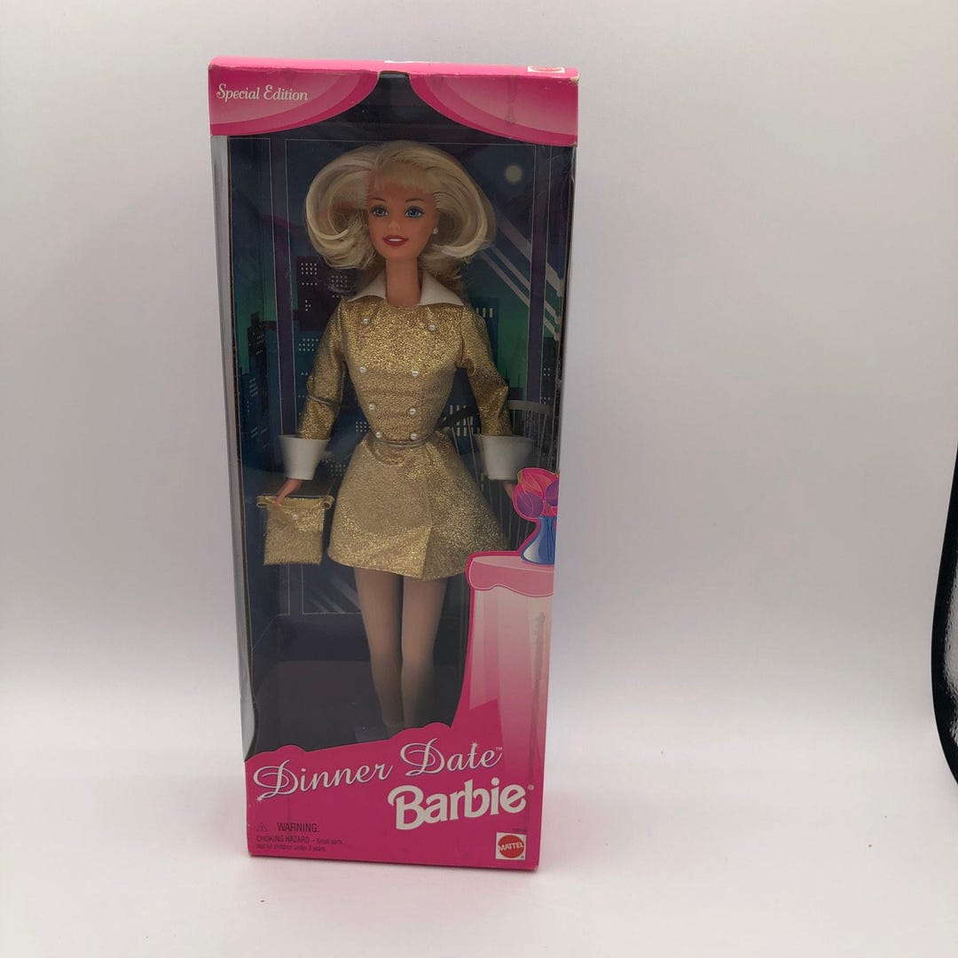 Dinner Date Barbie Doll NFRB Vintage 1997 Gold Cocktail Dress Blonde ...