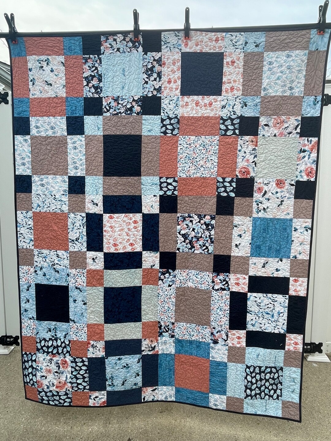 Blue and Pink Floral Quilt Modern Quilt Handmade Blanket Snuggly Quilt ...