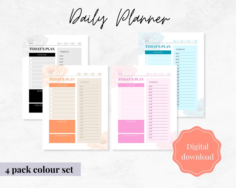 Printable Daily Planner 4 Colour Pack - Etsy