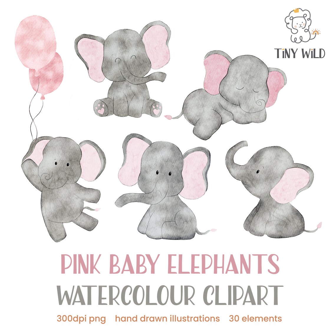 Watercolour Pink Baby Girl Elephant Clip Art Nursery Design for Baby ...