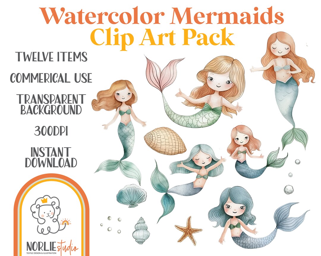 Watercolour Mermaid Clip Art Set, Mermaid Art Illustrations, Mermaid ...