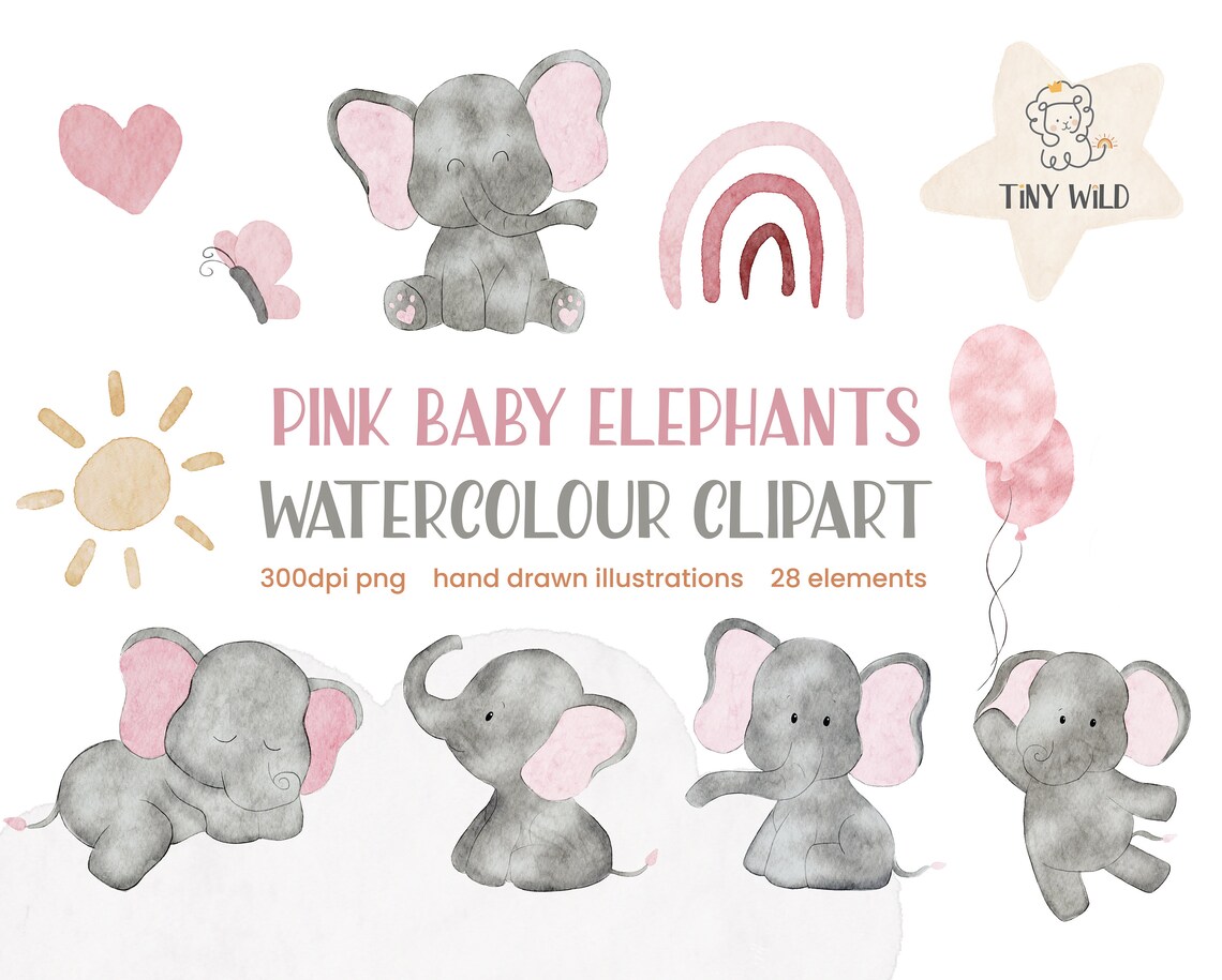 Watercolour Pink Baby Girl Elephant Clip Art Nursery Design for Baby ...