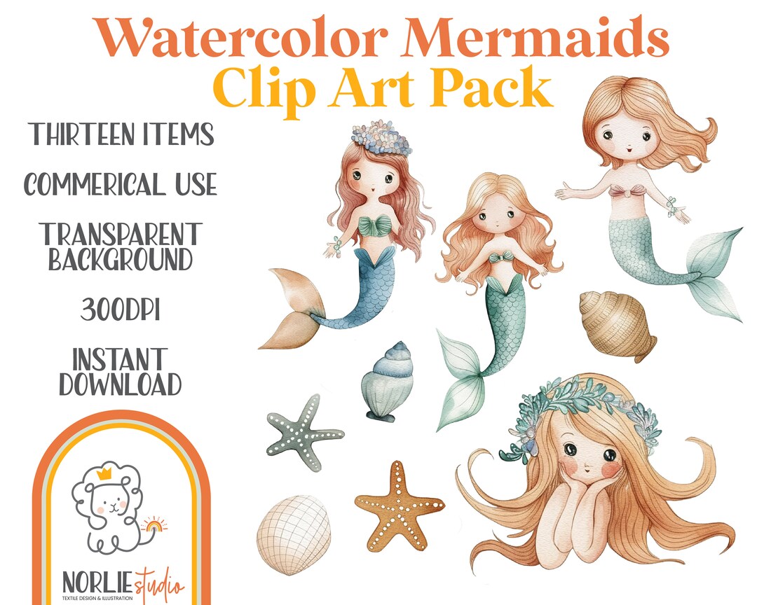 Watercolour Mermaid Clip Art Set, Mermaid Art Illustrations, Mermaid ...