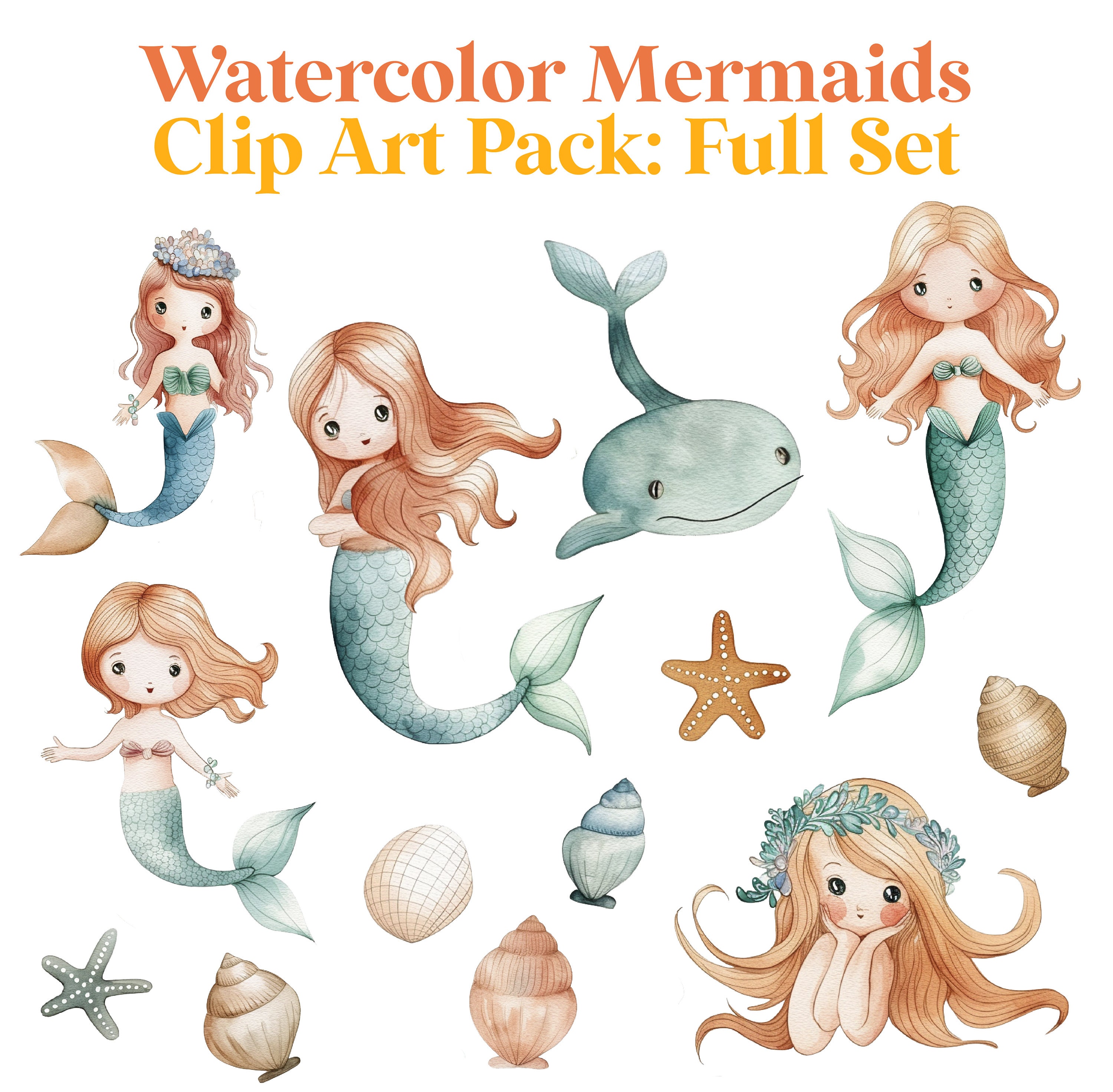 Watercolour Mermaid Clip Art Set, Mermaid Art Illustrations, Mermaid ...