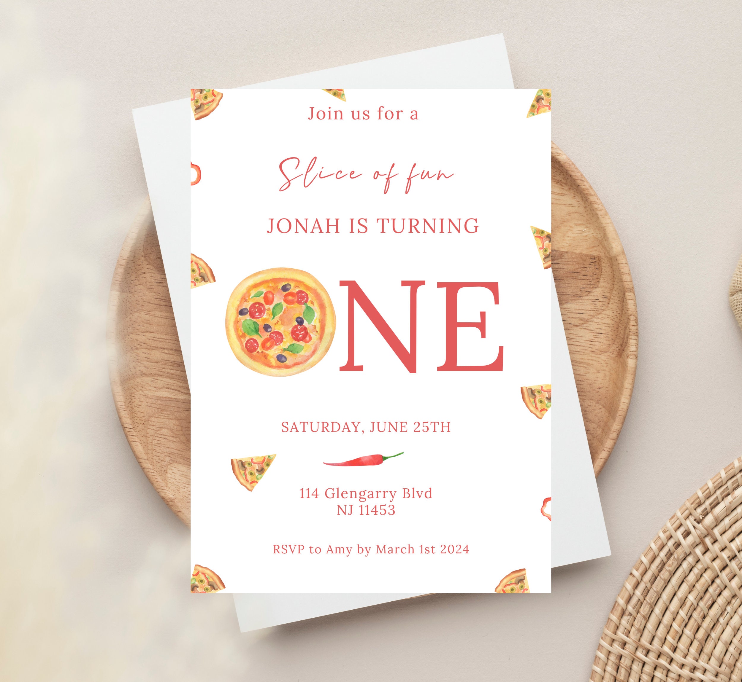 Pizza SLICE OF FUN Baby 1ST Birthday Invitation, Pizza Parlor Invite ...