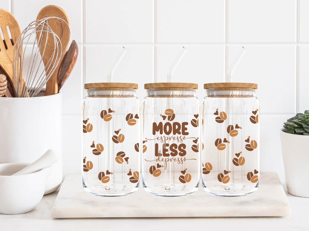 More Espresso Less Depresso Cup Iced Coffee Glass Tumbler Coffee Gift ...