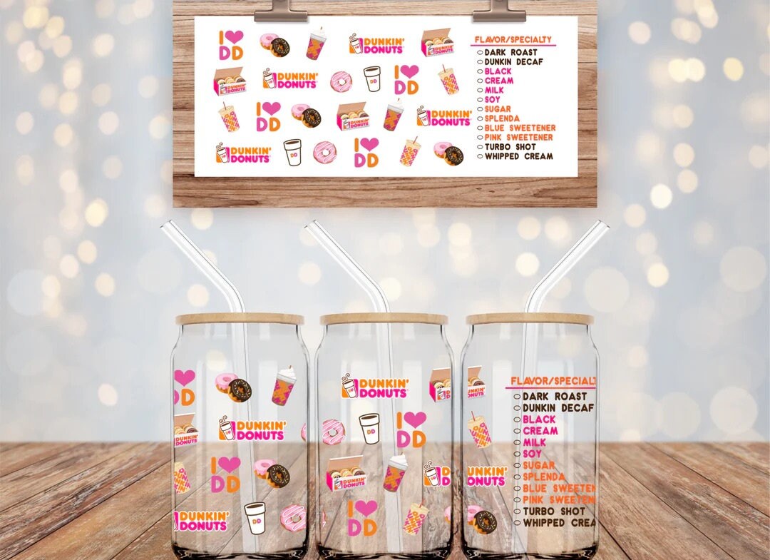 16oz Dunkin Donuts Glass Cup, Glass Straw, Bamboo Lid Beer Can Shape ...