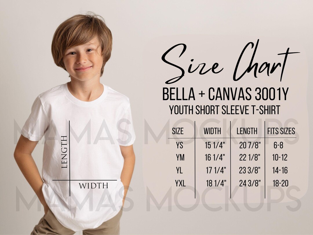 Bella Canvas 3001Y Size Chart, 3001Y Size Chart, Youth Shirt Mockup, Bella Toddler Size Chart, B ...