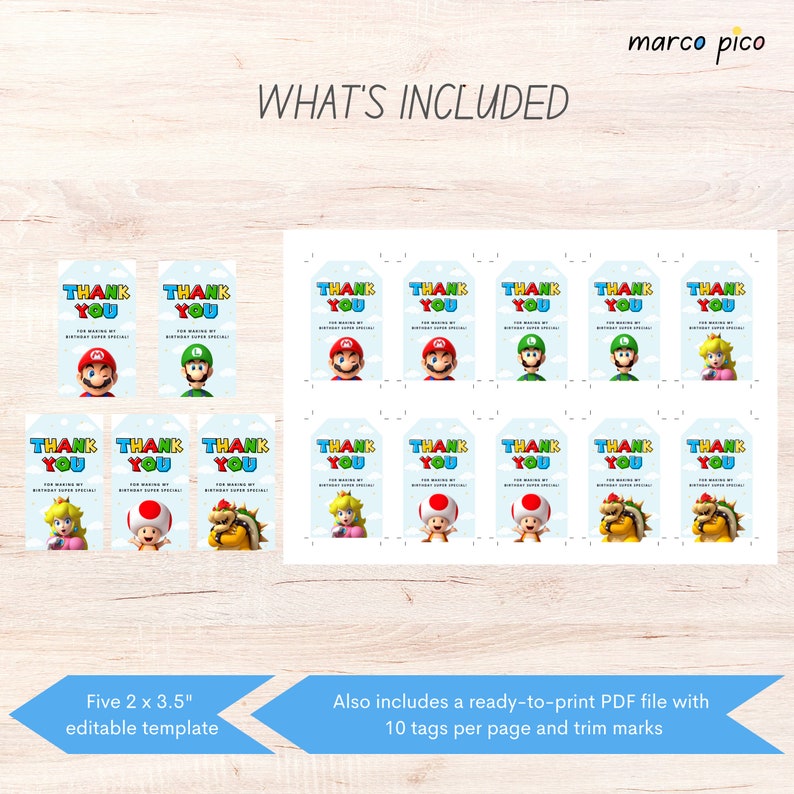 Super Mario Crew Themed Party Favors Tags, Super Mario Thank You Label ...