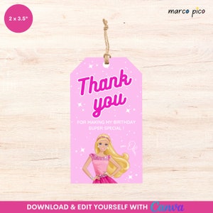 Pink Doll Themed Party Favors Tags, Editable Pink Doll Birthday Thank ...