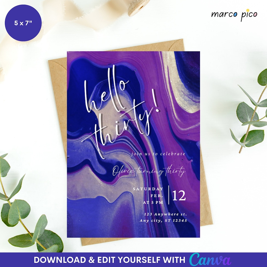Blue Purple Gold Ink Birthday Invitation Template, Editable Purple Ink ...