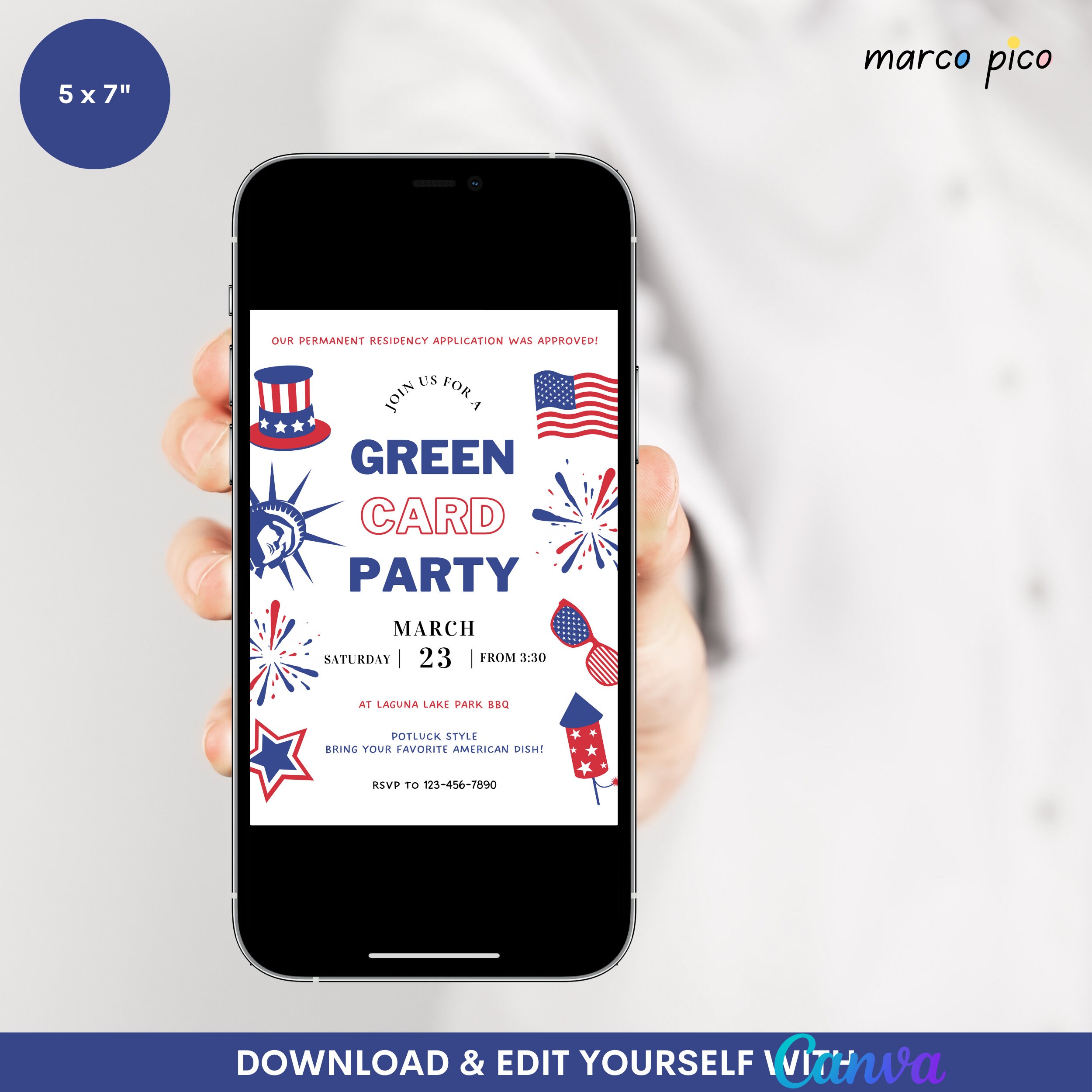 US Themed Party Invite, Green Card Party Invitation Template, Editable ...