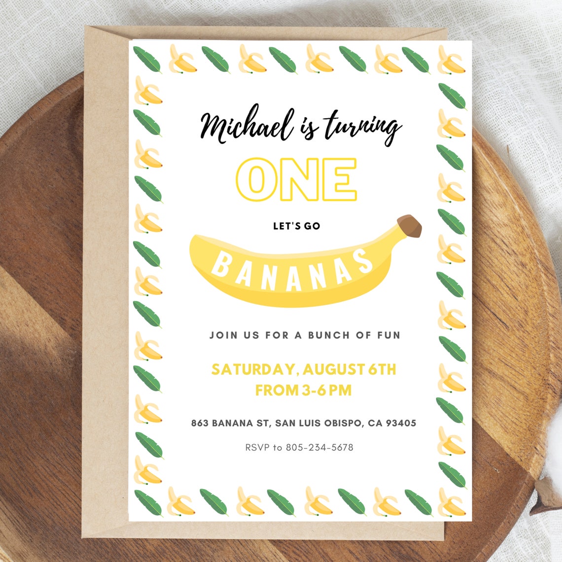 Banana Birthday Invitation Template, Baby First Birthday Invitation ...