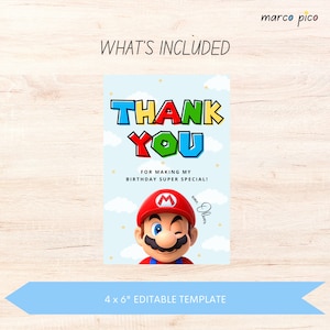 Mario Themed Thank You Card Template, Editable Super Mario Birthday ...
