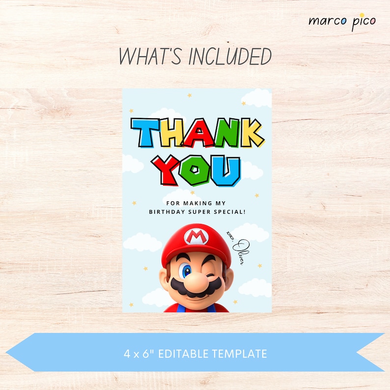 Mario Themed Thank You Card Template, Editable Super Mario Birthday ...