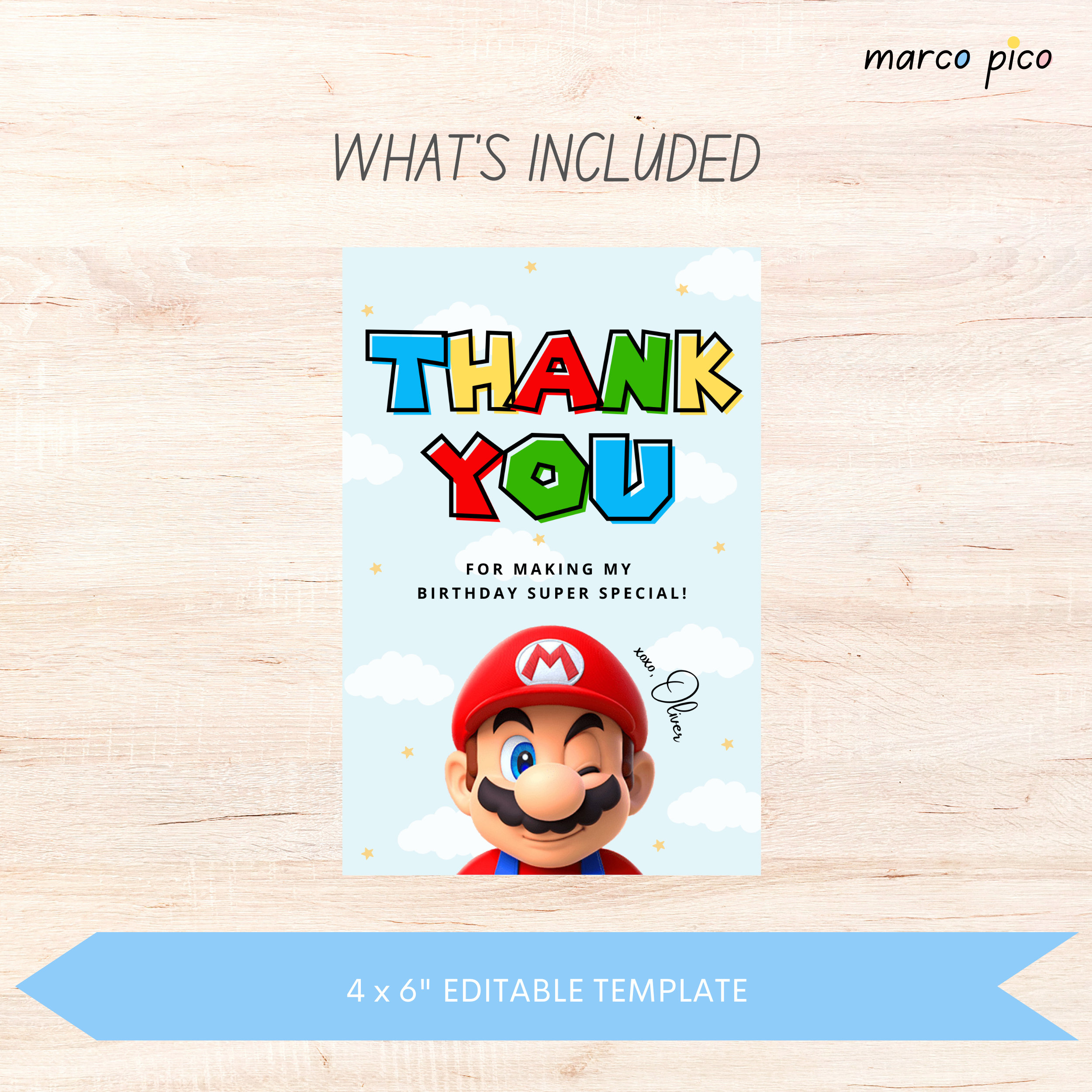Mario Themed Thank You Card Template, Editable Super Mario Birthday ...