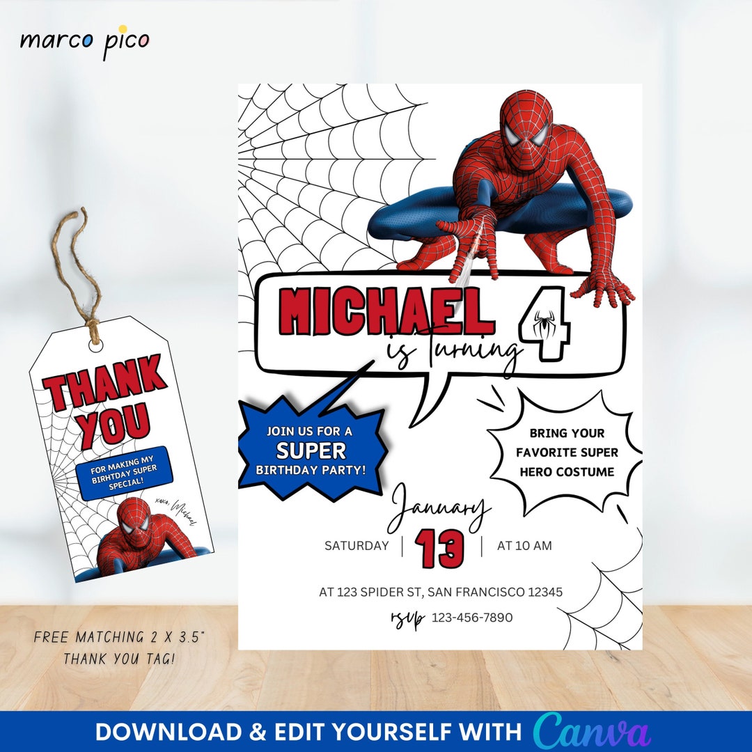Spider Comics Themed Birthday Invitation Template, Spider Birthday ...