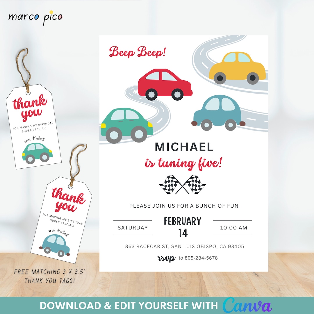 Little Cars Birthday Invitation Template, Editable Cars Themed Birthday ...