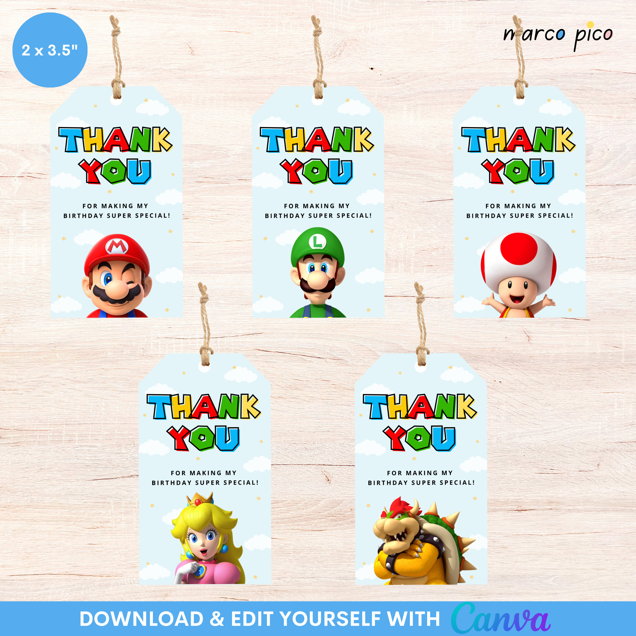 Super Mario Crew Themed Party Favors Tags, Super Mario Thank You Label ...