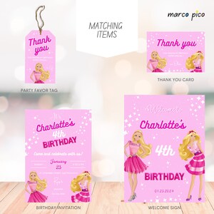 Pink Doll Themed Party Favors Tags, Editable Pink Doll Birthday Thank ...