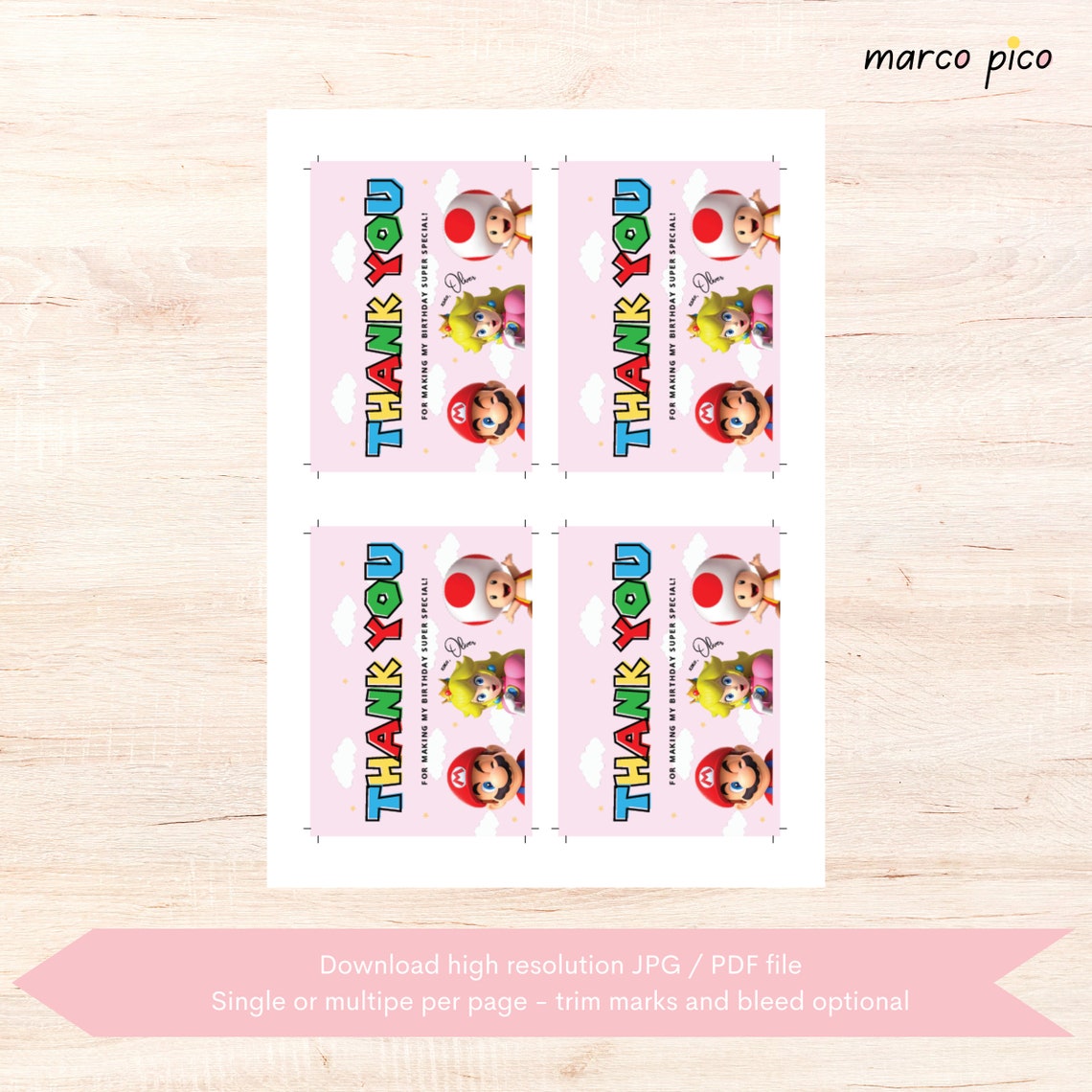 Peach Super Mario Themed Thank You Card Template Editable - Etsy