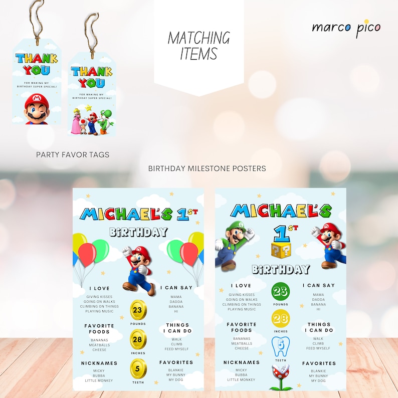 Mario Themed Thank You Card Template, Editable Super Mario Birthday ...