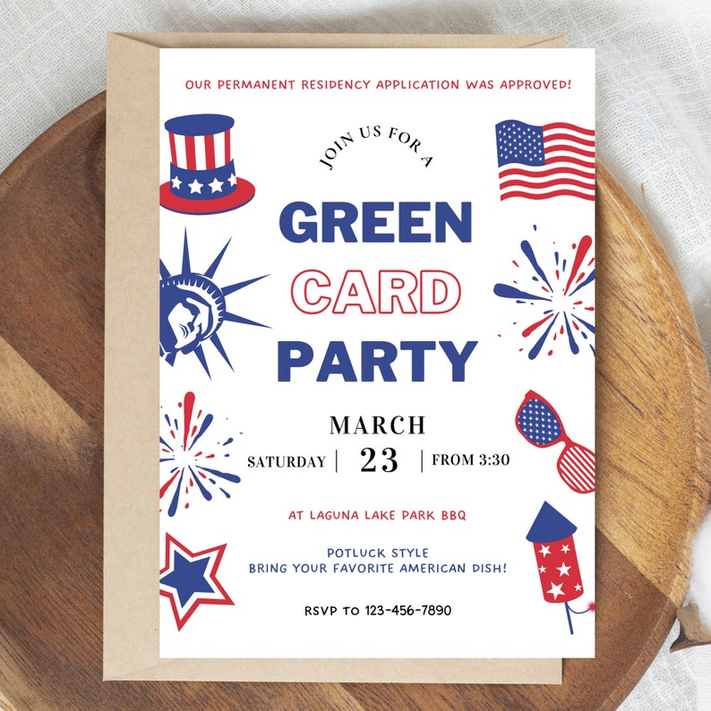 US Themed Party Invite, Green Card Party Invitation Template, Editable ...