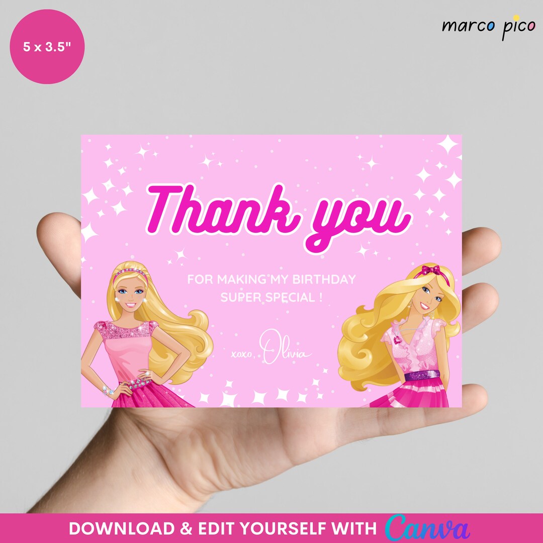 Pink Doll Themed Thank You Card Template, Editable Girly Pink Birthday ...