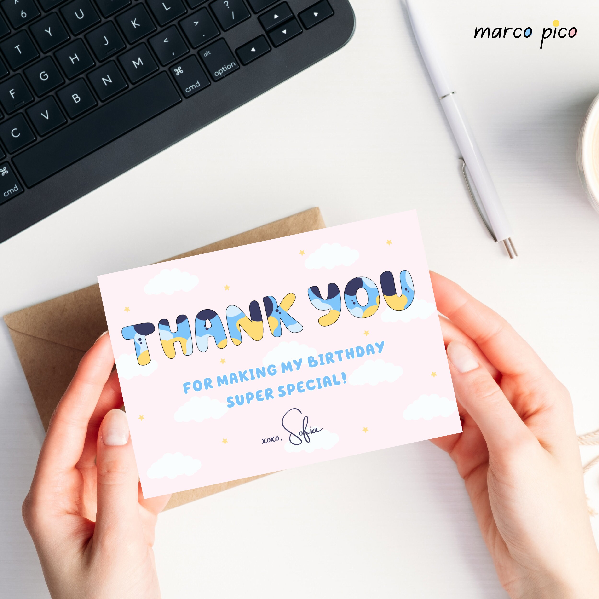 Blue Dog Inspired Girly Themed Thank You Card Template, Editable ...