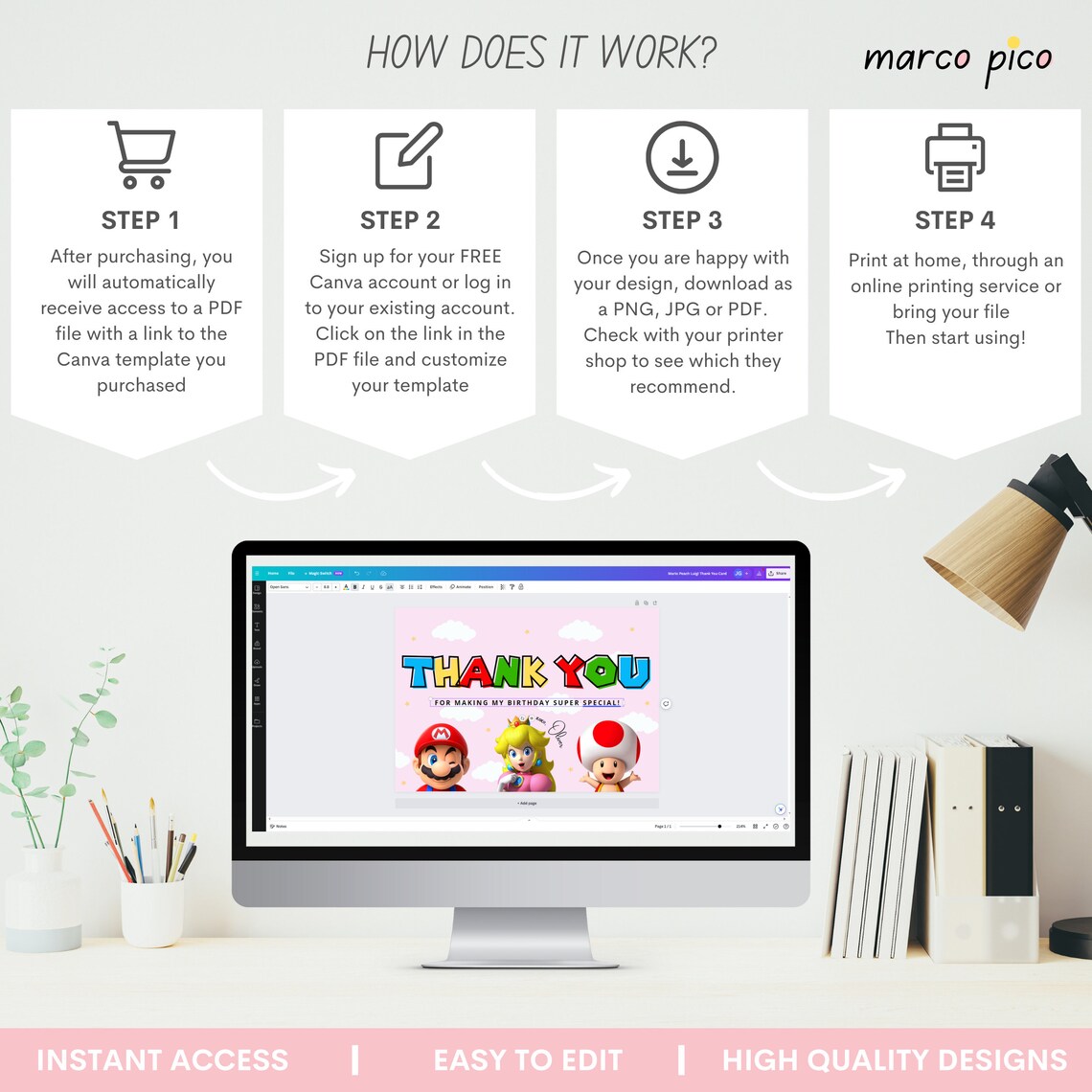 Peach Super Mario Themed Thank You Card Template Editable - Etsy