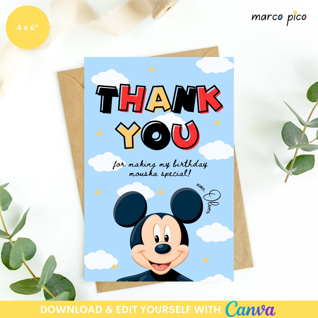 Kids Birthday Thank You Card Template, Editable Blue Mouse Birthday ...