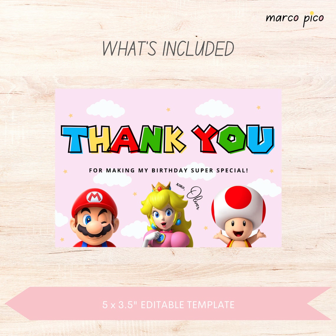 Peach Super Mario Themed Thank You Card Template Editable - Etsy