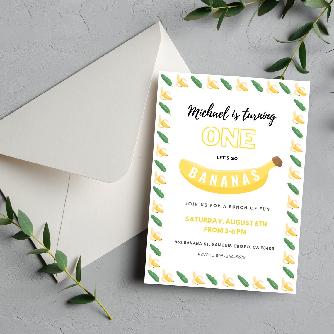 Banana Birthday Invitation Template, Baby First Birthday Invitation ...