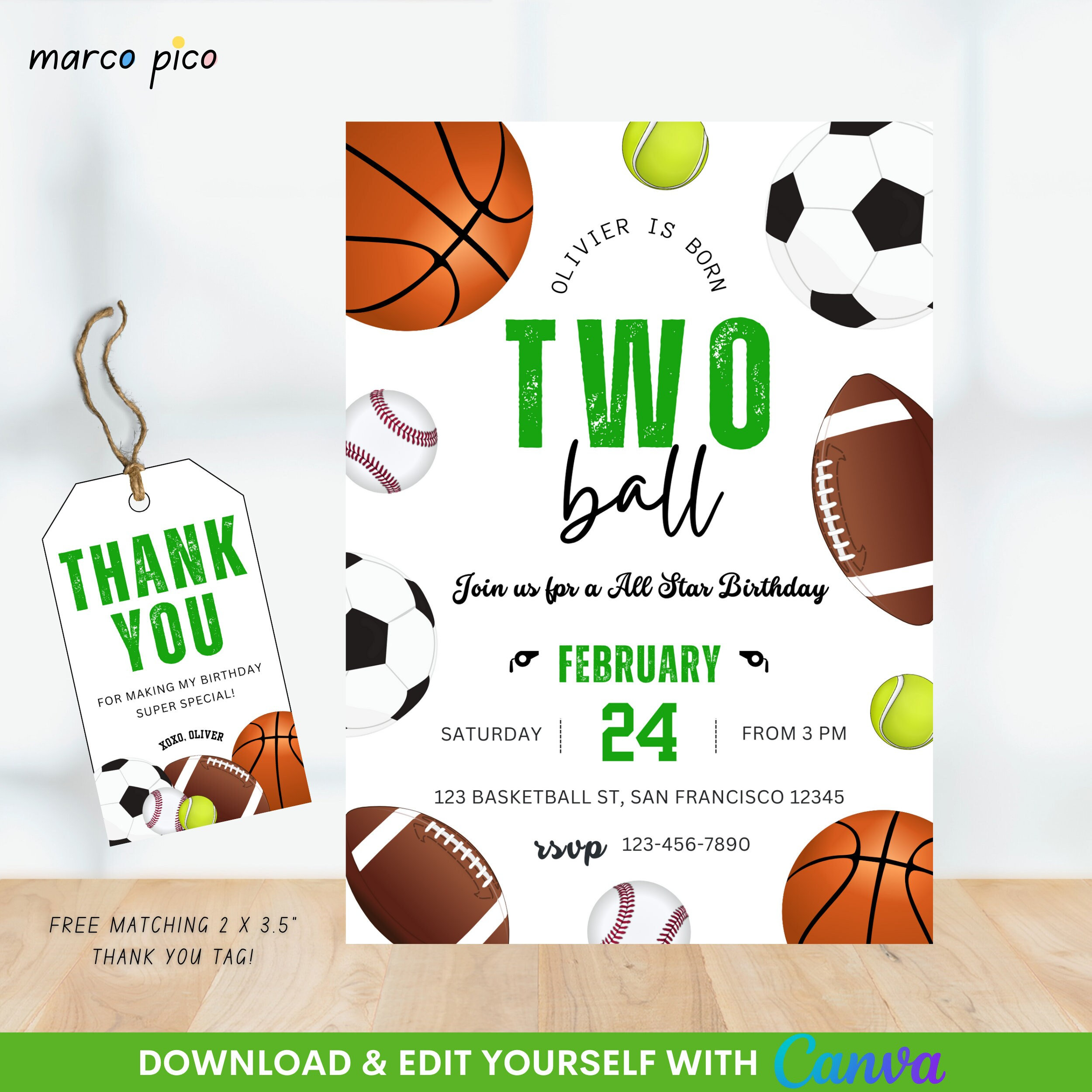 Born Two Ball Themed Birthday Invitation Template, Editable Boy Sporty ...