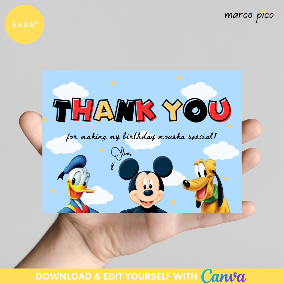 Mouse & Friends Themed Thank You Card Template, Editable Mouse Birthday ...