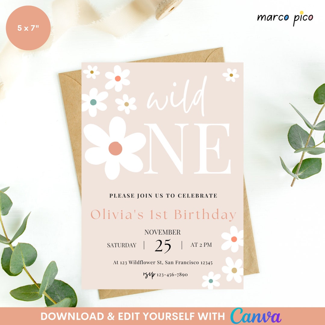 Wild One Themed Birthday Invitation Template, Wild Flower Birthday ...