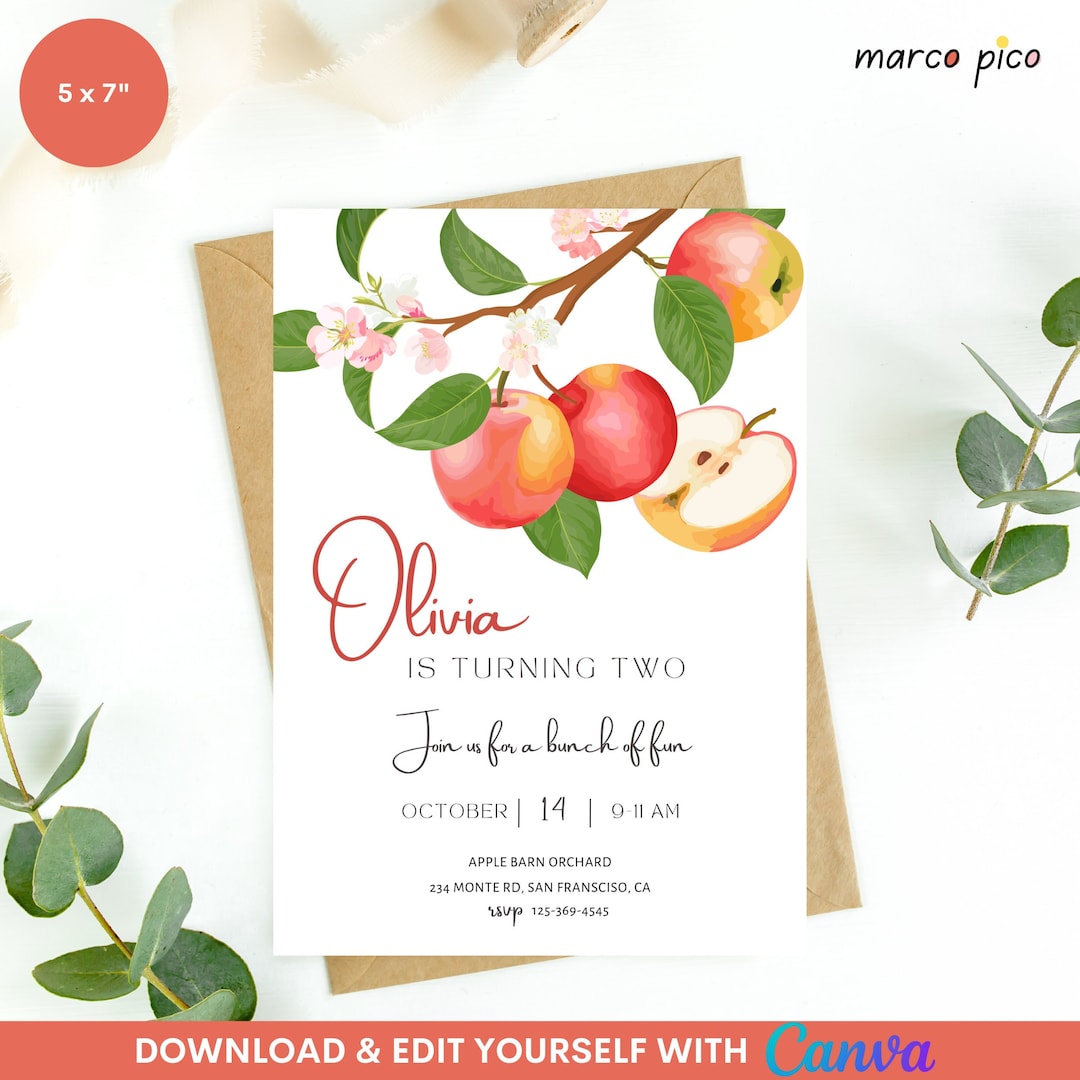 Apple Themed Birthday Invitation Template, Apple Picking Birthday ...