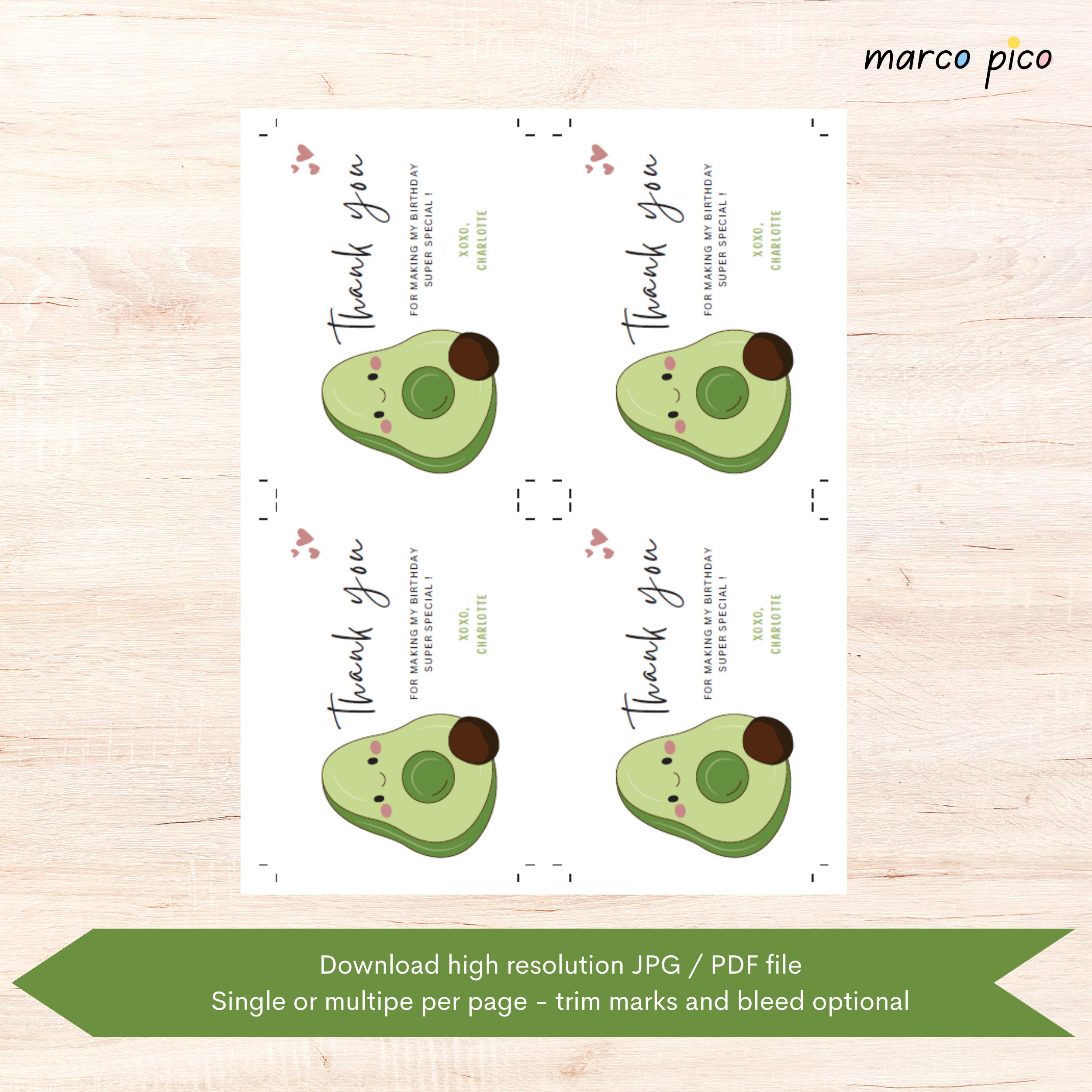Avocado Themed Thank You Card Template, Editable Avocado Birthday Thank ...
