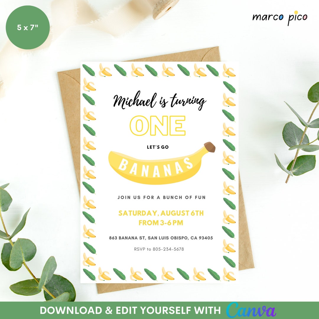 Banana Birthday Invitation Template, Baby First Birthday Invitation ...