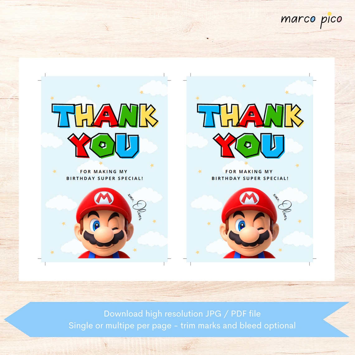 Mario Themed Thank You Card Template, Editable Super Mario Birthday ...