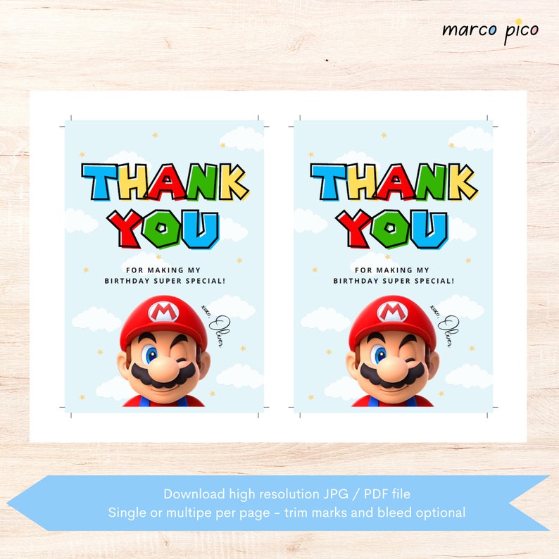 Mario Themed Thank You Card Template, Editable Super Mario Birthday ...