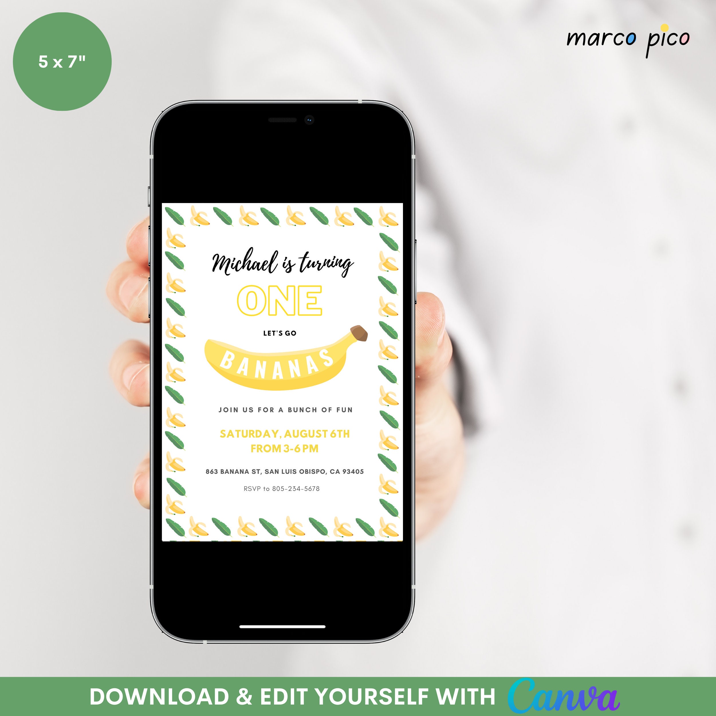 Banana Birthday Invitation Template, Baby First Birthday Invitation ...